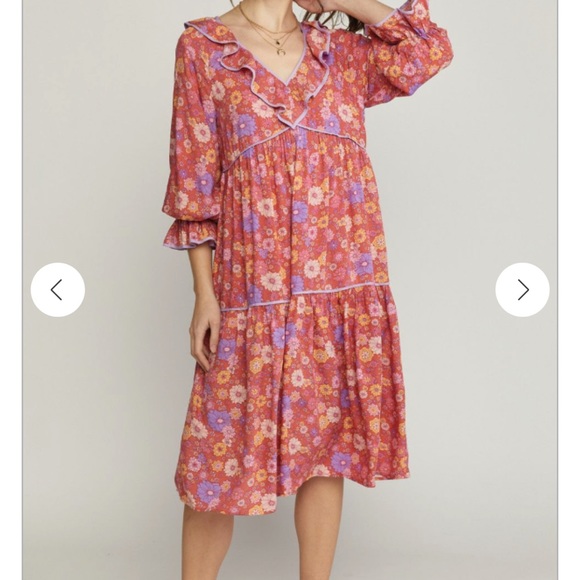 entro | Dresses | New Floral Boho Coral Ruffle Midi Dress | Poshmark